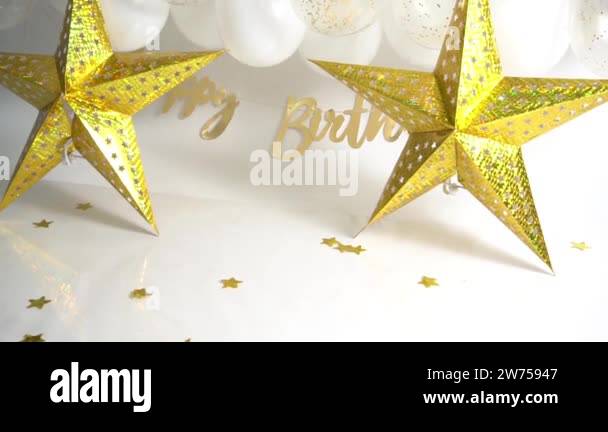 Slow Motion 1st birthday set up background with white balloons, stars ...