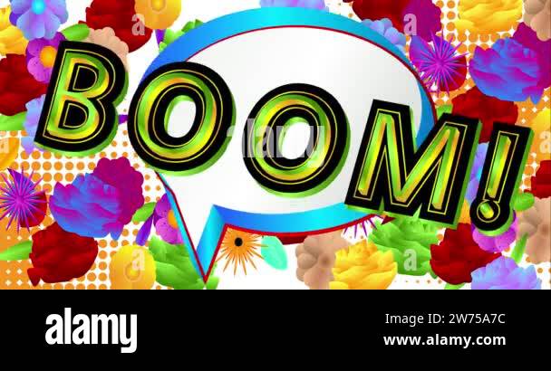 Beautiful lettering word Boom. 4k animated with multicolored flowers on ...