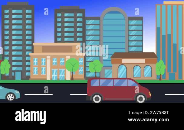 cars driving rides around city, 2d animation, flat design background ...