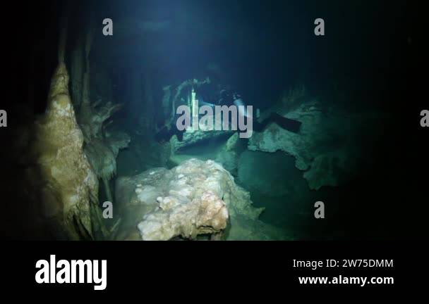 Cave diving in underwater caves of Yucatan Mexico cenotes Stock Video ...