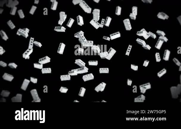 Flying many concrete bricks on black background. Miniature model ...