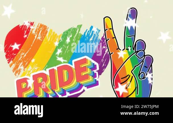 Animation of word pride with rainbow peace hand sign and heart shape ...