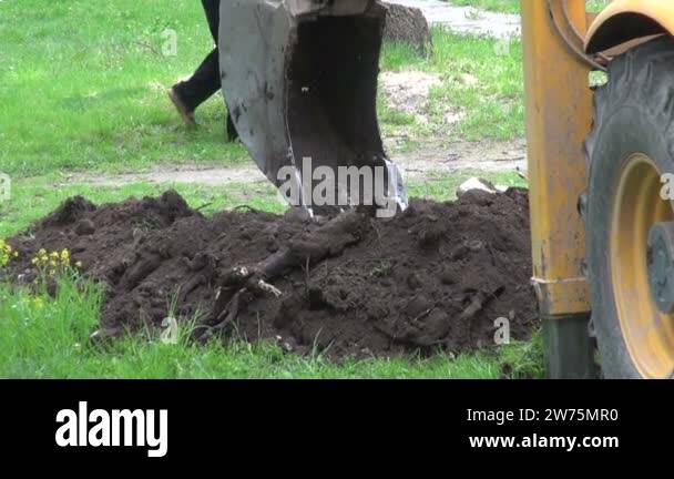 Industrial excavator digging a hole on lawn Stock Video Footage - Alamy