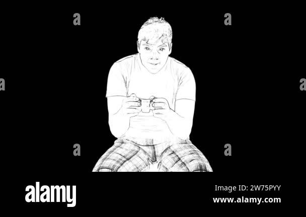Outline white sketch of young gamer is sitting and playing in video ...