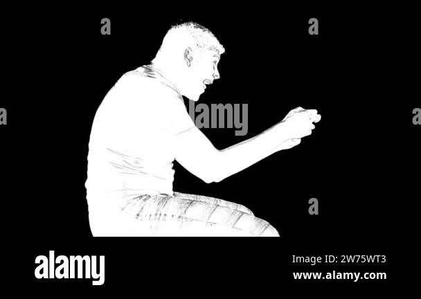 Outline profile white sketch of young gamer is sitting and playing in ...