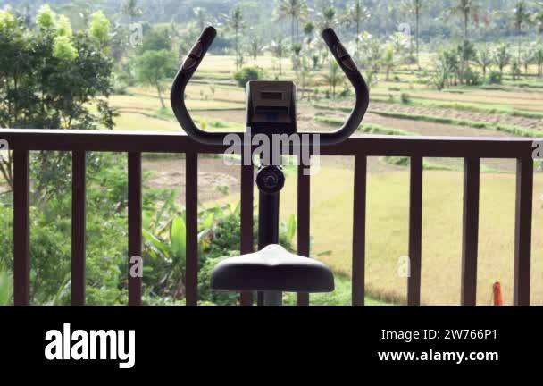 Video footage of exercise bike on the terrace with stunning views of ...