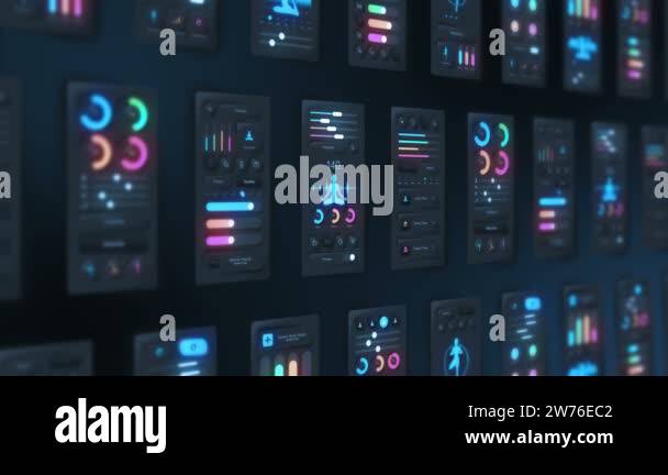 Hi tech panel of yoga application on dark background. Fitness and exercise concept. UI, UX, GUI ...