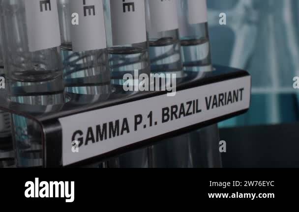 Gamma P.1 Brazil Variant Test Tube Sample Vials In Rack. Pan Up, Close ...
