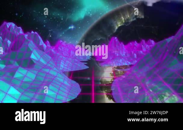 Animation of pink topographical map and grid with turning globe. global ...