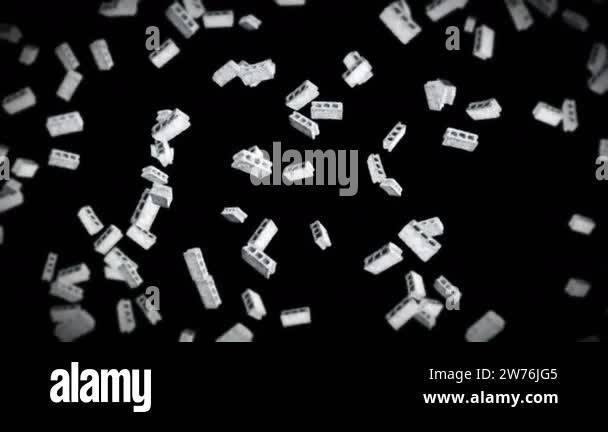 Flying many concrete bricks on black background. Miniature model ...