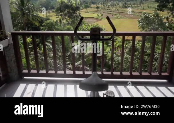Video footage of exercise bike on the terrace with stunning views of ...