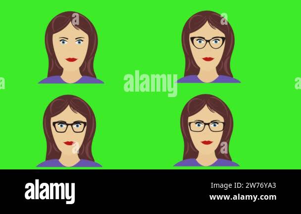 Cartoon women face avatar animation, moving and blinking eyes, on green ...