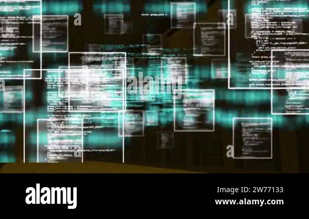 Digital animation of screens with data processing against black background. computer interface ...