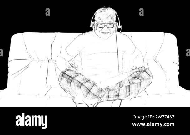 Outline white sketch of young gamer in glasses and big headphones is ...