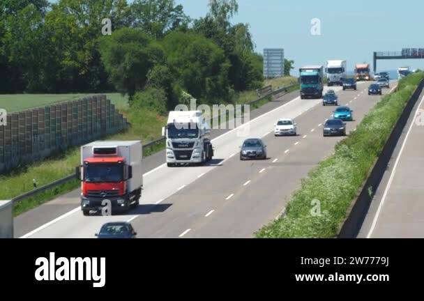 Weilbach, Germany - June 14, 2021: Large trucks and dense traffic on ...