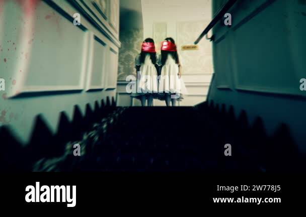 Two ghostly girls with creepy blank faces standing at the top of stairs ...