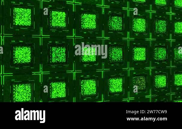 Database with Qr codes. Animation. Electronic space with lots of green Qr codes. Qr codes with ...