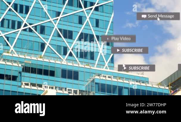 Animation of social media text on banners with digital icons over ...