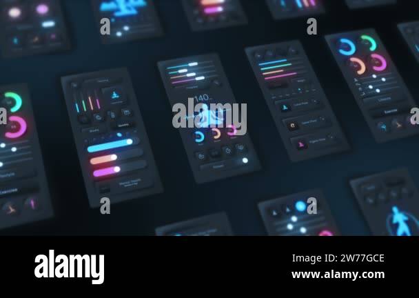 Hi tech panel of yoga application on dark background. Fitness and exercise concept. UI, UX, GUI ...