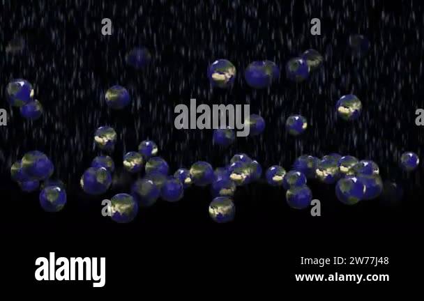 Globes. Rain of objects that fall and bounce off the ground. Animation ...