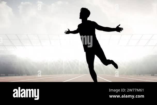 Animation of silhouette of male athlete running over racing track in ...