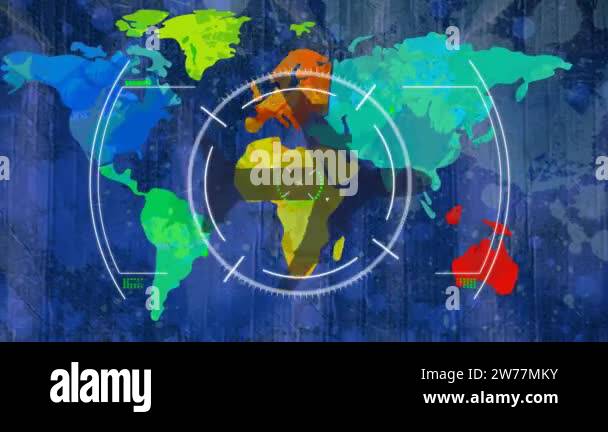 Animation of scope scanning over world map. global travel, connections ...