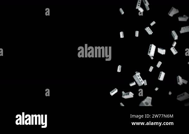 Flying many concrete bricks on black background. Miniature model ...