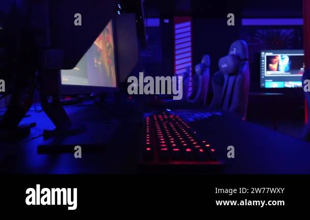 Spain - April 15, 2021: Inside of internet cafe modern place for gamers ...