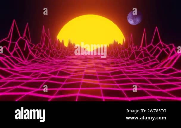 80s Retro Style Animation. Pink Grid Neon Landscape With a Yellow ...