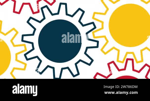 Blue, red and yellow gears rotating on white background. 4K resolution ...