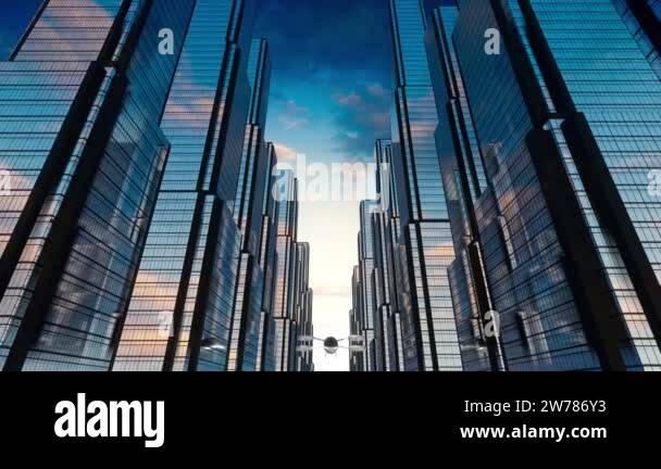 Passenger drone flying between skyscrapers in business district - 3D 4k ...