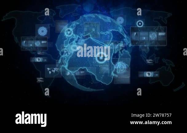 Composition of data processing on screens over globe and world map. global connections, digital ...