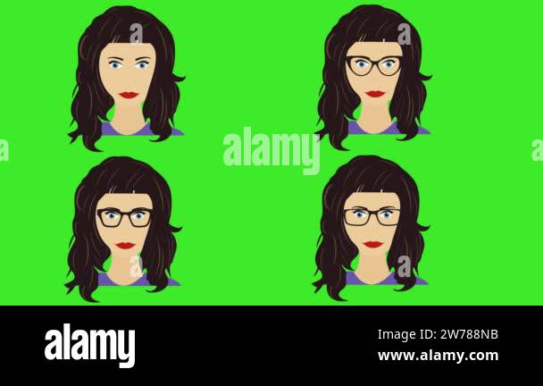 Cartoon women face avatar animation, moving and blinking eyes, on green ...