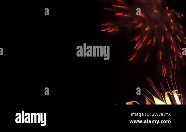 CLEARANCE SALE gold text with fireworks particles motion graphic effect on black background. 4K ...