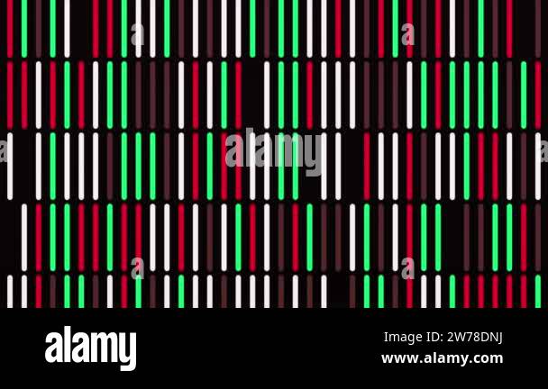 Multicolored rain of abstract same size narrow parallel lines falling down on black background ...