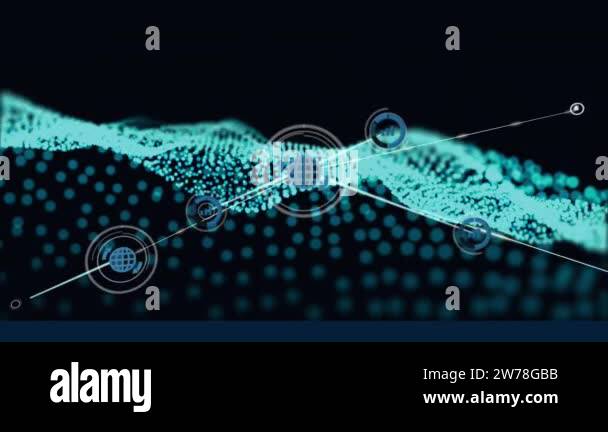 Animation of network of connections with icons over glowing green mesh ...