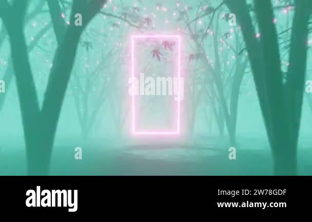 3D rendered loop animation of rotating neon rectangle in mystical foggy ...
