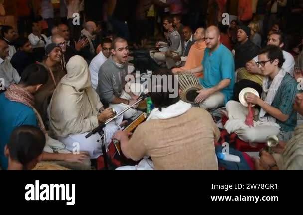 VRINDAVAN, INDIA - 11TH MARCH 2017: Hare Krishna playing Kirtan chants ...