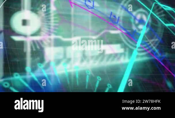 Neon round scanner spinning against digital interface with data processing against green ...