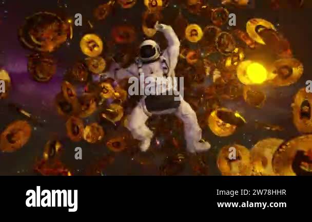 Falling astronaut in outer space surrounded by flying dogecoins ...