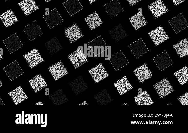 Abstract diagonal rows of square shaped black and white QR codes moving slowly on black ...