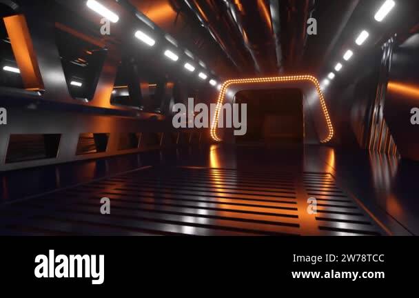 Sci-fi tunnel in outer space with neon light. Planet Mars outside the ...