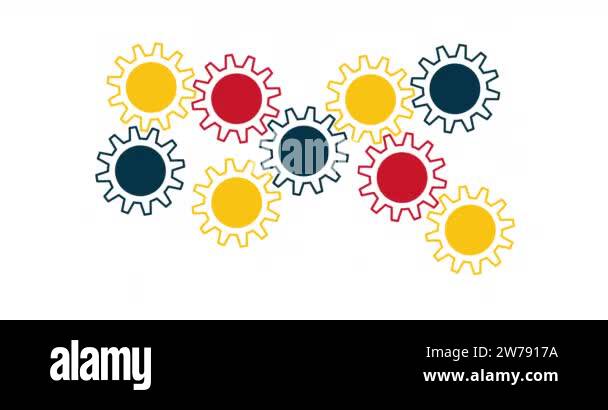 Blue, red and yellow gears rotating on white background. 4K resolution ...