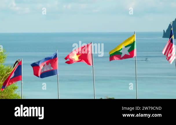 Blowing flags of ASEAN community - Laos, Cambodia, Malaysia, Vietnam, and union of Myanmar ...
