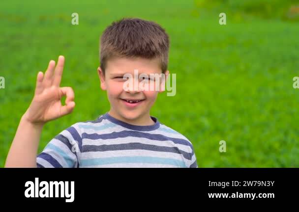 A beautiful boy of European appearance stands in a green field and ...