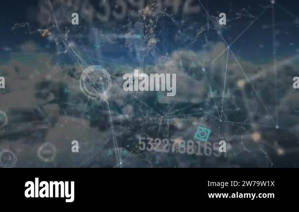 Animation of network of connections and numbers changing over sky and clouds. global digital ...