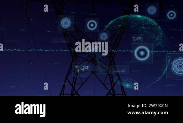 Composition of scopes scanning on screens over globe and electric pylon ...