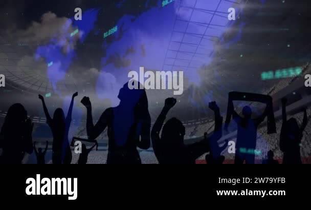 Multiple changing numbers over world map over silhouette of fans ...