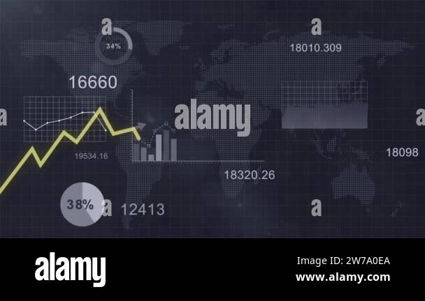 Yellow line graph and different charts and graphs on the background of ...