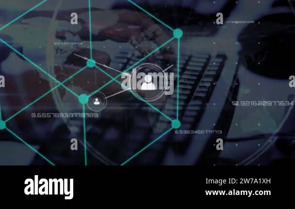 Animation of network of connected people icons over computer keyboard. global connections ...